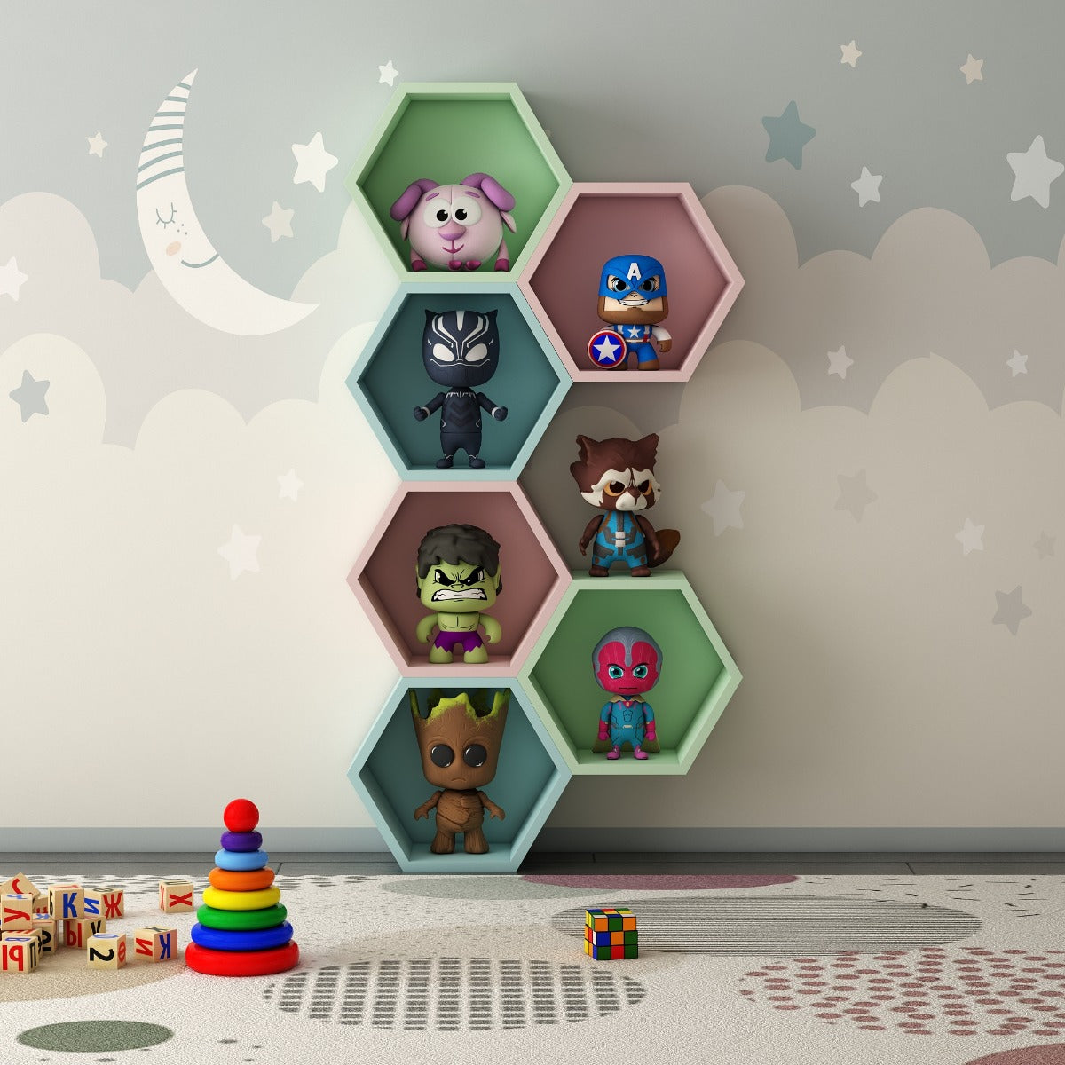 Wooden Toy unit , Toy unit with open shelves, Hexagonal shaped Laminat ...