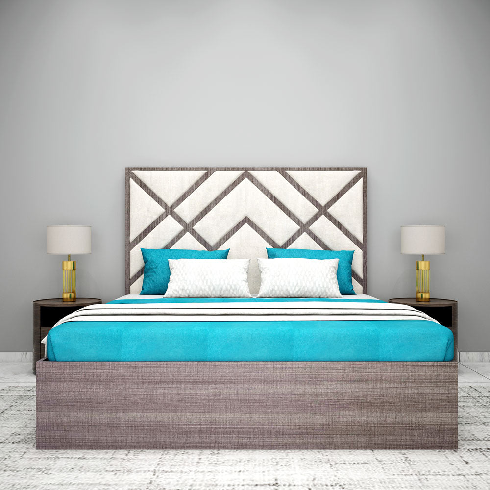Queen Bed, Dark Wood & Beige Color Bed, Bed With Beige Fabric, Bed Wit ...