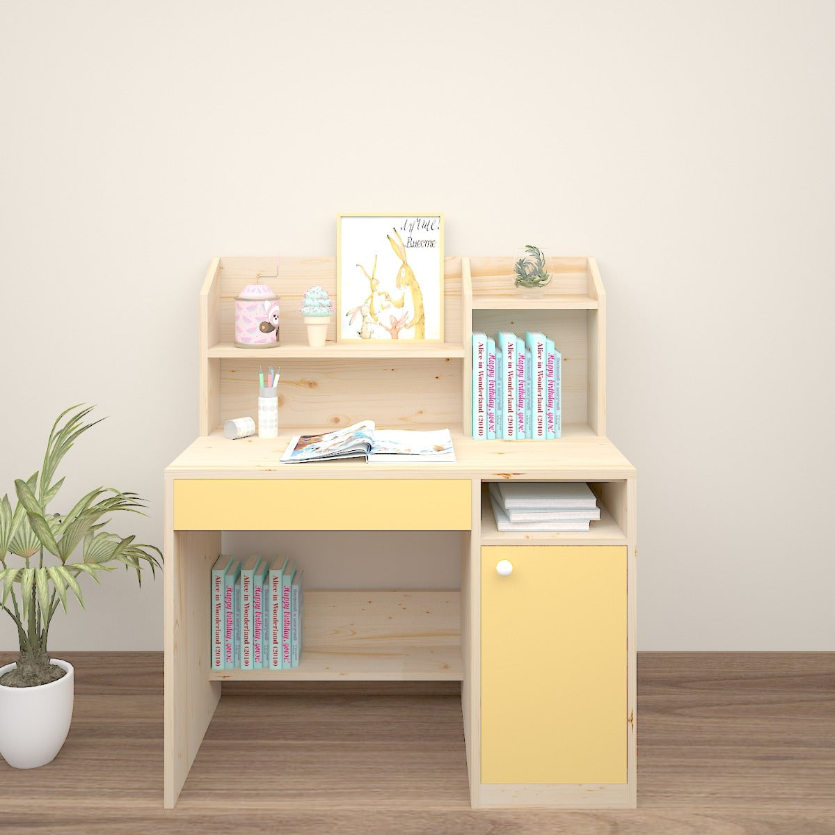 Kids Study Table, Wood & Yellow Color Study Table, Study Table with Op ...
