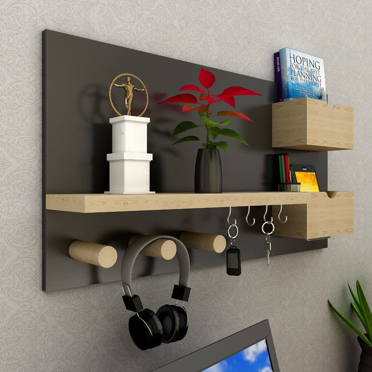 Wall unit hanging with hooks and shelf, open storage wall unit in soli ...