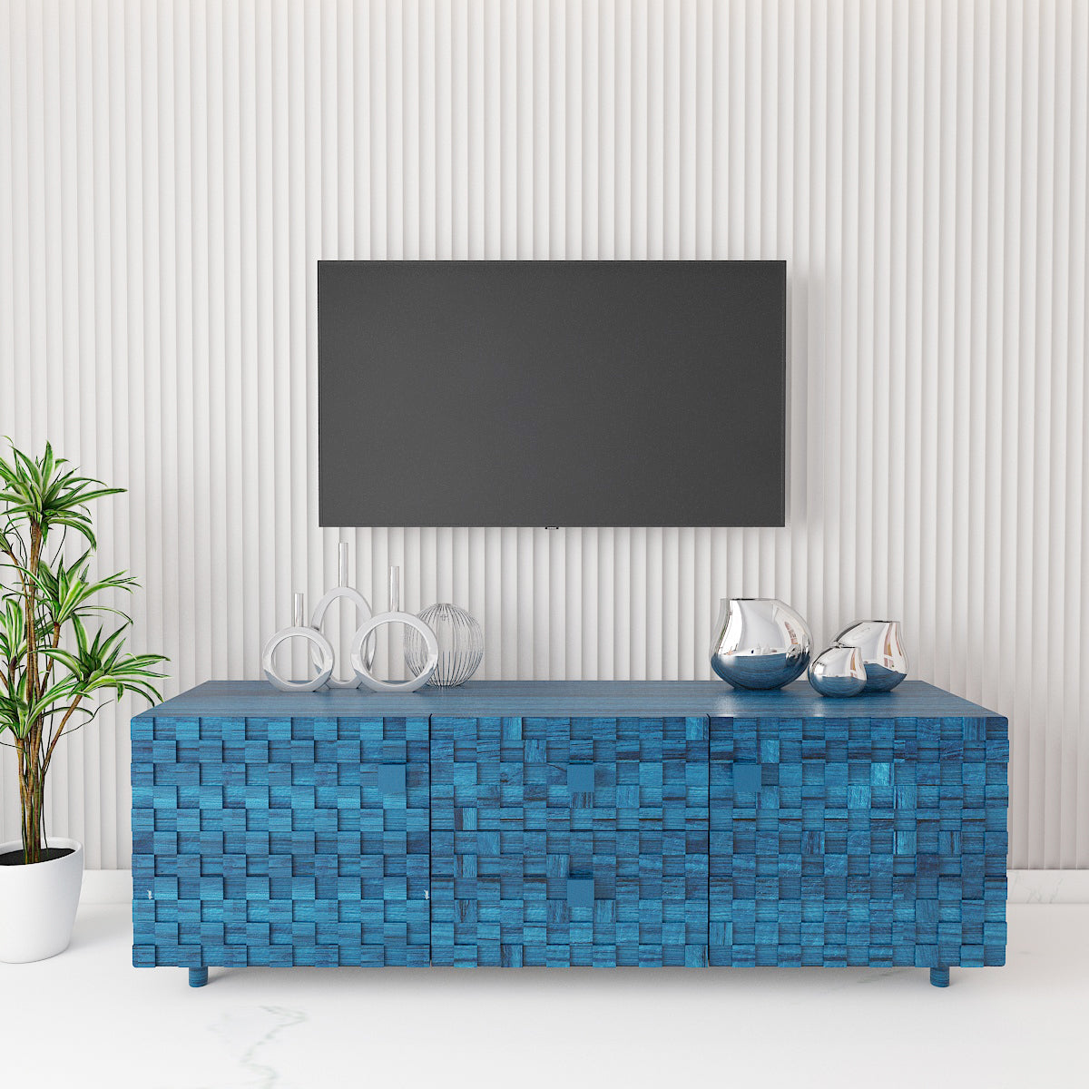Entertainment Unit, Solid Wood TV Unit, Blue Color TV Cabinet, TV Unit ...